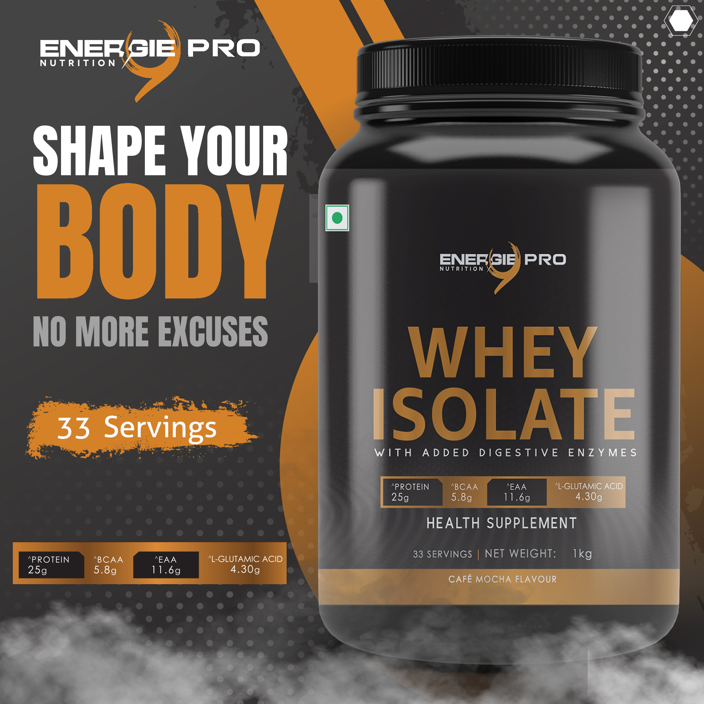 Energie9 Pro Whey Isolate Cafe Mocha 1 Kg - Energie9 Pro Nutrition